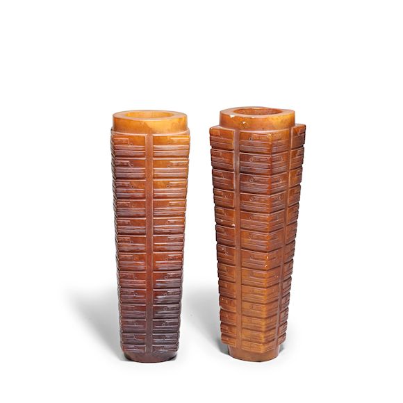 Bonhams : A PAIR OF LARGE JADE CONG 20th century (4)