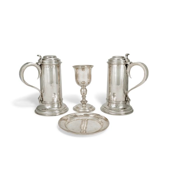 Bonhams : A George I provincial silver pair of flagons and a goblet and ...