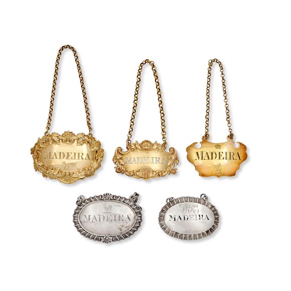 Bonhams : A collection of five silver and silver-gilt MADEIRA labels (5)