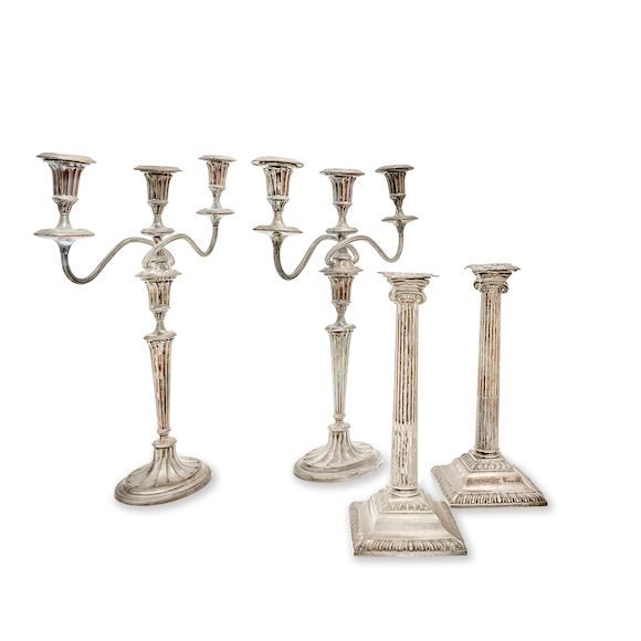 Bonhams : A pair of Old Sheffield plate candlesticks the silver drip ...