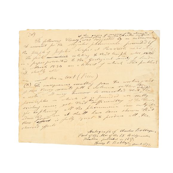 Bonhams : BABBAGE (CHARLES) Autograph manuscript of amendments to the ...