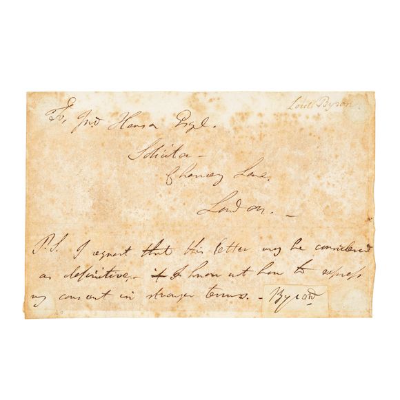 Bonhams : BYRON (GEORGE GORDON NOEL, LORD) Autograph address panel and ...