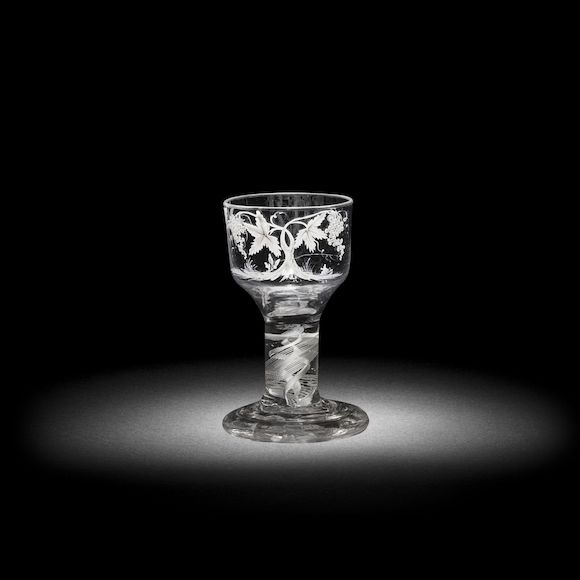 Bonhams : A rare Beilby enamelled opaque twist firing glass, circa 1765