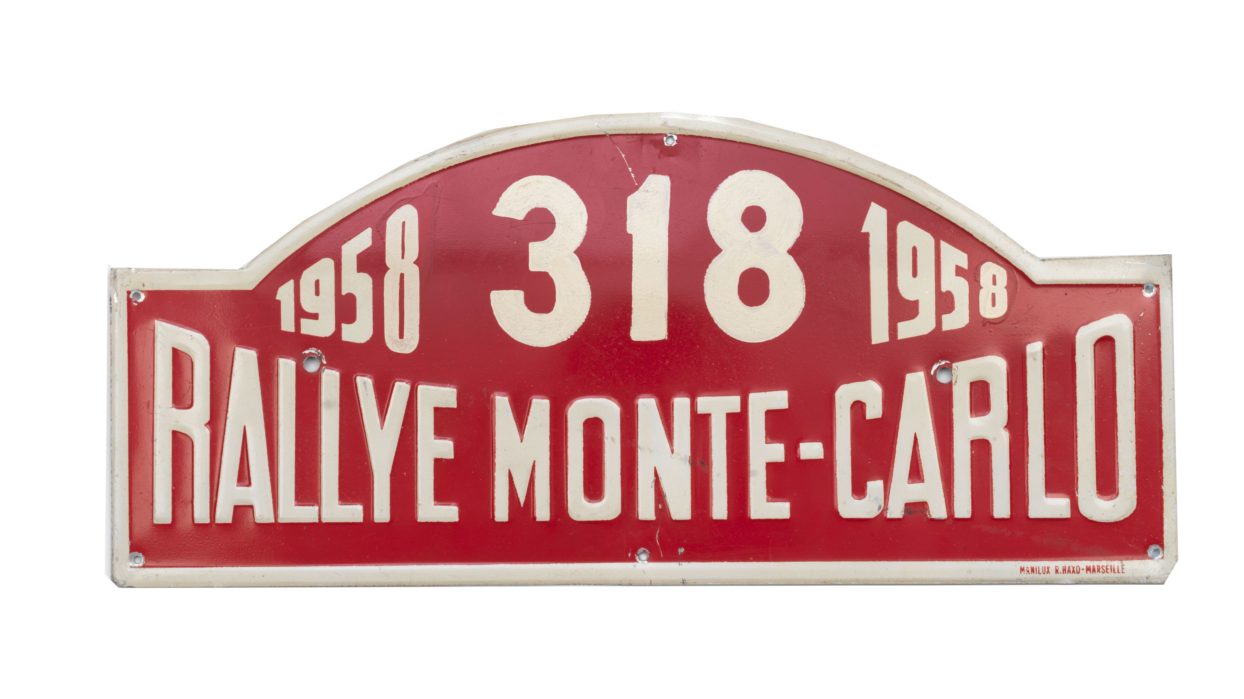 Bonhams Cars : A 1958 Rallye Monte-Carlo competitor's plate number 318,