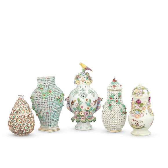 Bonhams : Five Derby vases, circa 1758-65