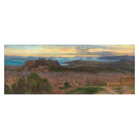 Bonhams : Edith Corbet (British, 1846-1920) Sunset over the Acropolis ...